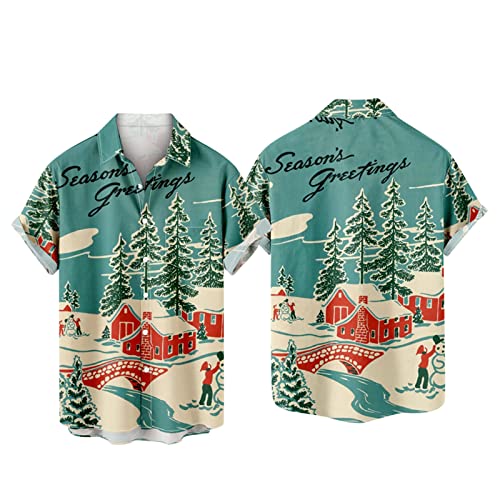 Lcxifdre Men’s Bowling Shirt Christmas Short Sleeve Button Up Shirts Xmas Santa Printing Plus Size T Shirts Loose Undershirts Light Blue