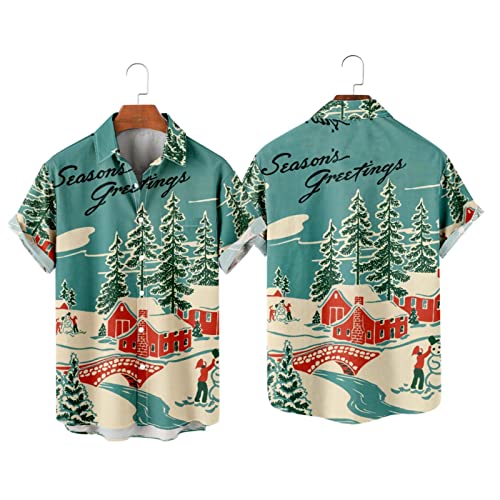 Lcxifdre Men’s Bowling Shirt Christmas Short Sleeve Button Up Shirts Xmas Santa Printing Plus Size T Shirts Loose Undershirts Light Blue