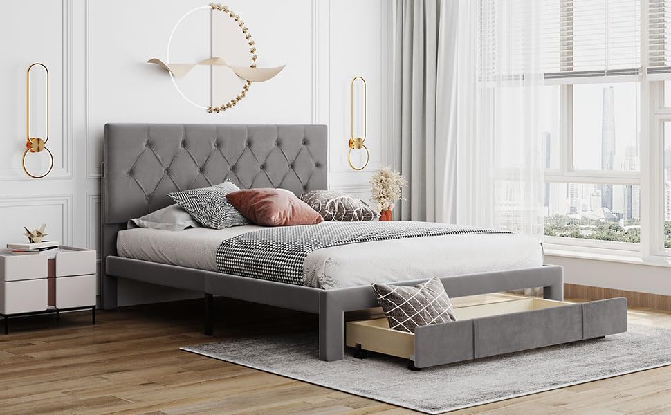 FEELHOME Queen Size Storage Bed with Drawer, Velvet Upholstered Platform Bed Frame with A Big Drawer and Headboard, Wooden Slat Support, Bedroom Furniture, Grey