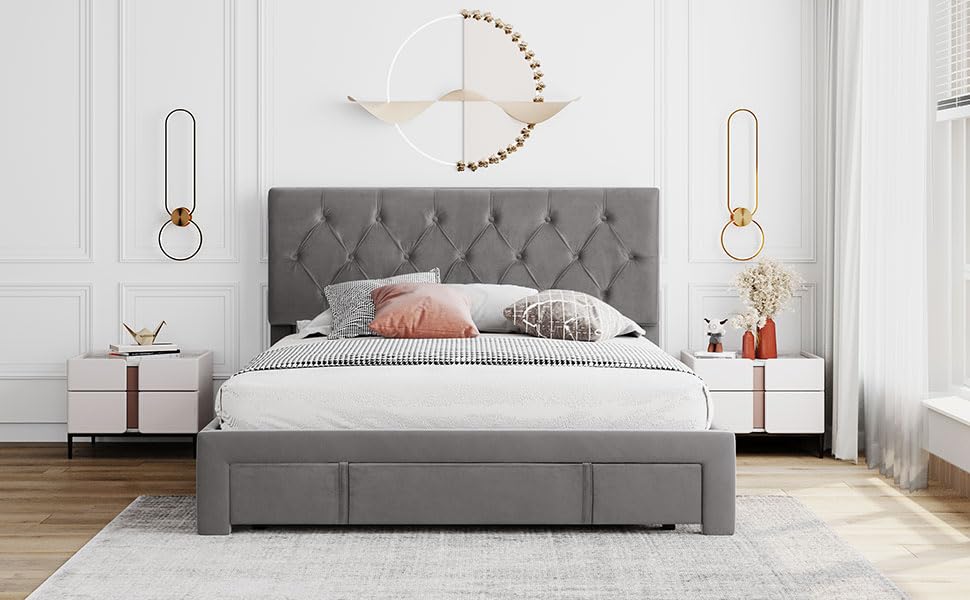 FEELHOME Queen Size Storage Bed with Drawer, Velvet Upholstered Platform Bed Frame with A Big Drawer and Headboard, Wooden Slat Support, Bedroom Furniture, Grey
