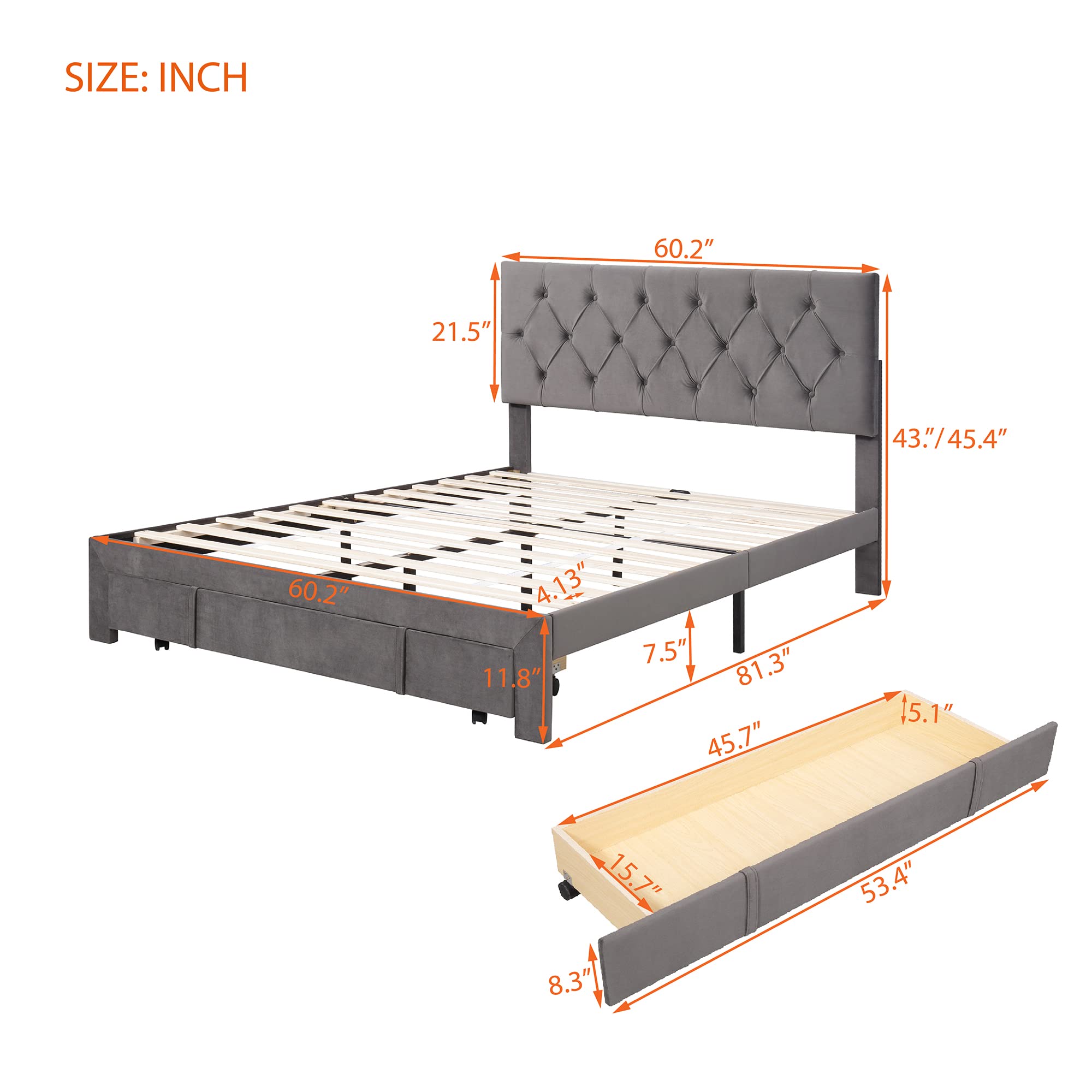 FEELHOME Queen Size Storage Bed with Drawer, Velvet Upholstered Platform Bed Frame with A Big Drawer and Headboard, Wooden Slat Support, Bedroom Furniture, Grey