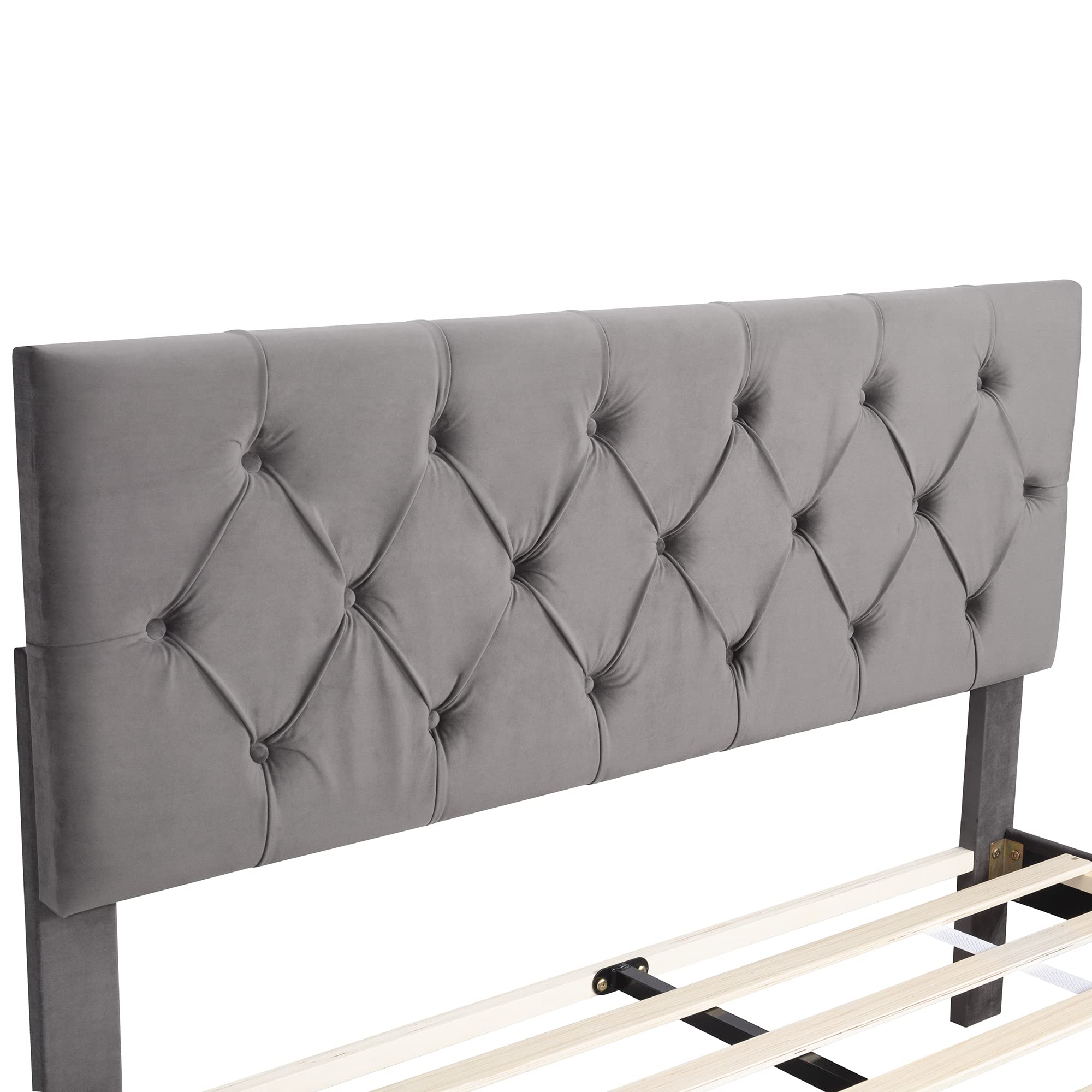FEELHOME Queen Size Storage Bed with Drawer, Velvet Upholstered Platform Bed Frame with A Big Drawer and Headboard, Wooden Slat Support, Bedroom Furniture, Grey
