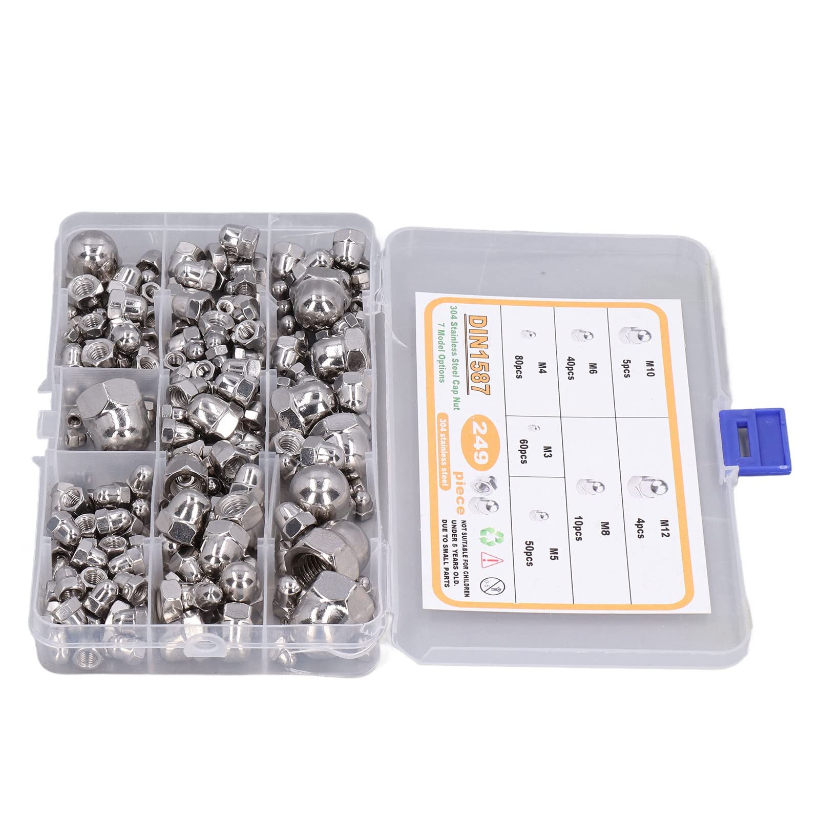 249Pcs Acorn Hex Cap Nuts Assortment Kit,M3‑M12 DIN1587 304 Stainless Steel Bright Finish