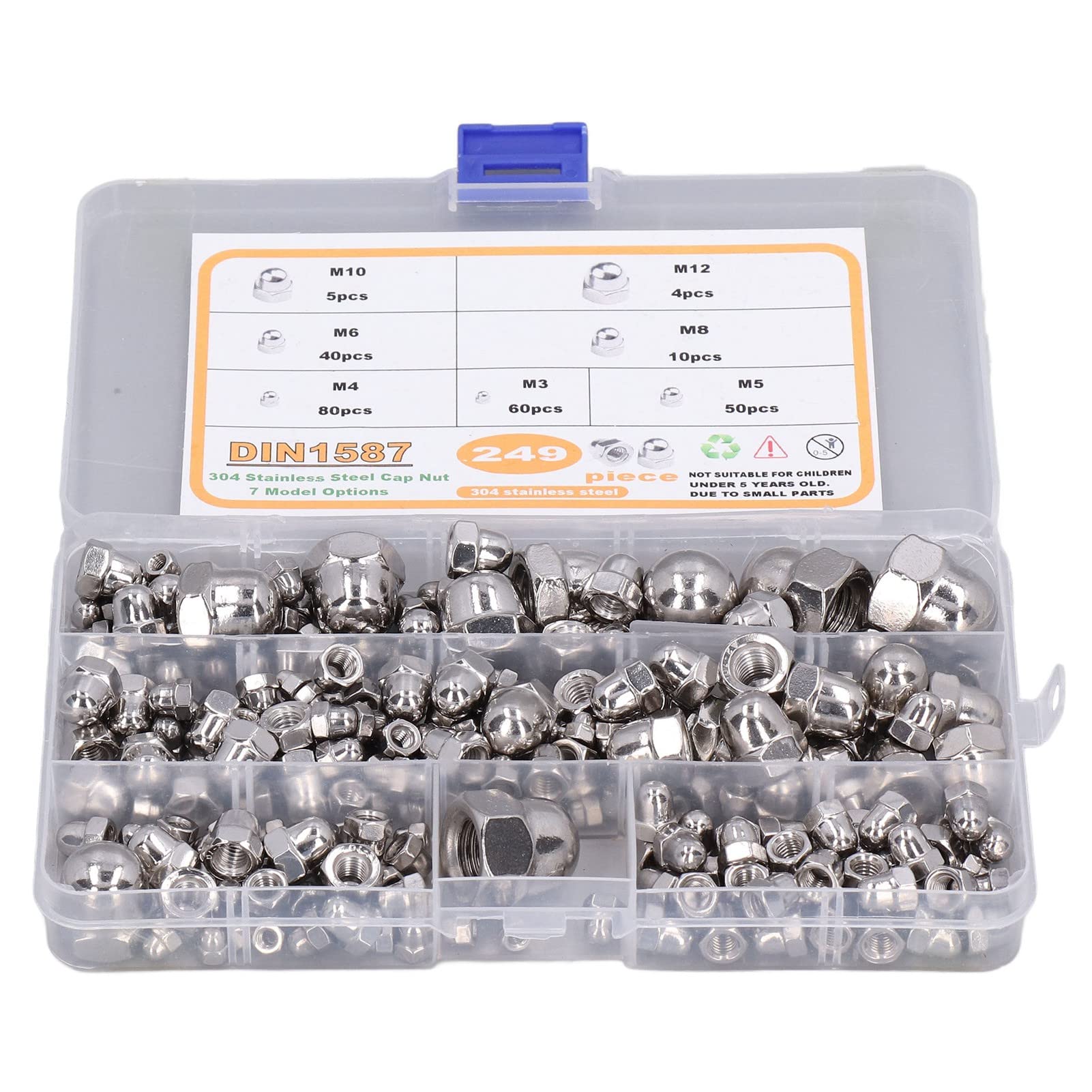 249Pcs Acorn Hex Cap Nuts Assortment Kit,M3‑M12 DIN1587 304 Stainless Steel Bright Finish