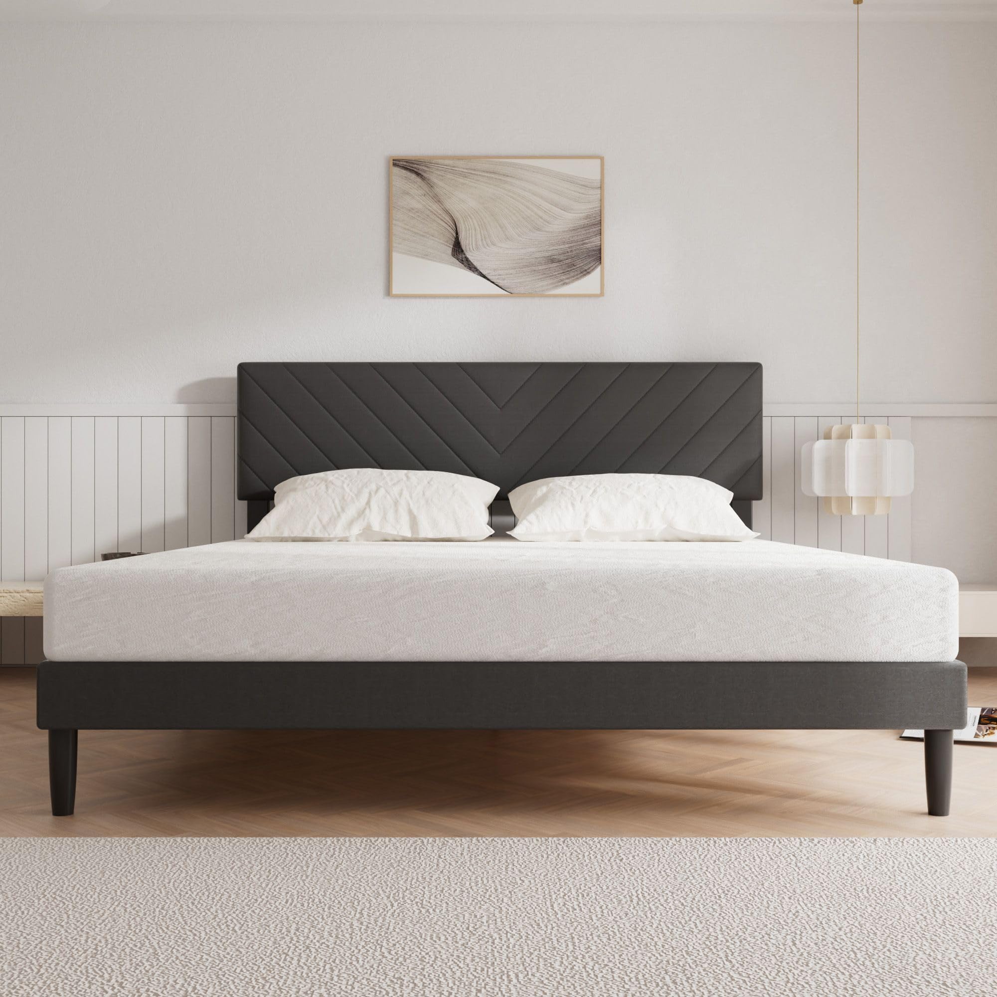 Queen Size Bed Frame Upholstered Platform with High-Adjustable Headboard and Solid Wood Slats Support, Heavy Duty Mattress Foundation, Non-Slip and Noise-Free,No Box Spring Needed, Easy Assembly, Grey