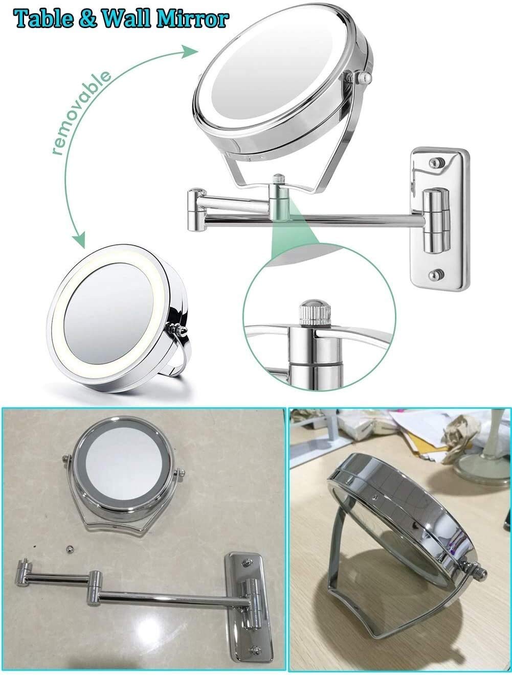 7X Magnifying Lighted Makeup Mirror Wall Mounted Swivel Mirror 6-inch Extending Folding Double Side Cosmetic Bathroom Shaving Mirror Matte Round Chrome Finished Powered by Batteries Vanity Mirror