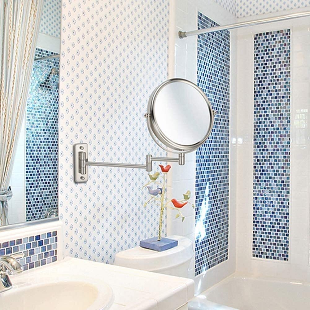 7X Magnifying Lighted Makeup Mirror Wall Mounted Swivel Mirror 6-inch Extending Folding Double Side Cosmetic Bathroom Shaving Mirror Matte Round Chrome Finished Powered by Batteries Vanity Mirror