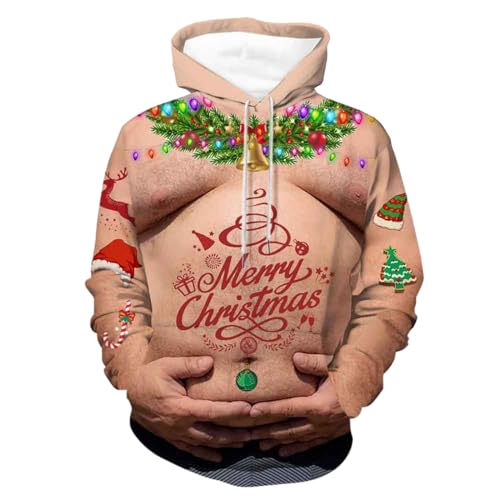 Christmas Sweatshirts for Men 2023 Men’S Ugly Christmas Sweater Novelty 3D Graphic Sweatshirts Hoodie Drawstring Pullover Hoodie Shirt with Pockets Beige