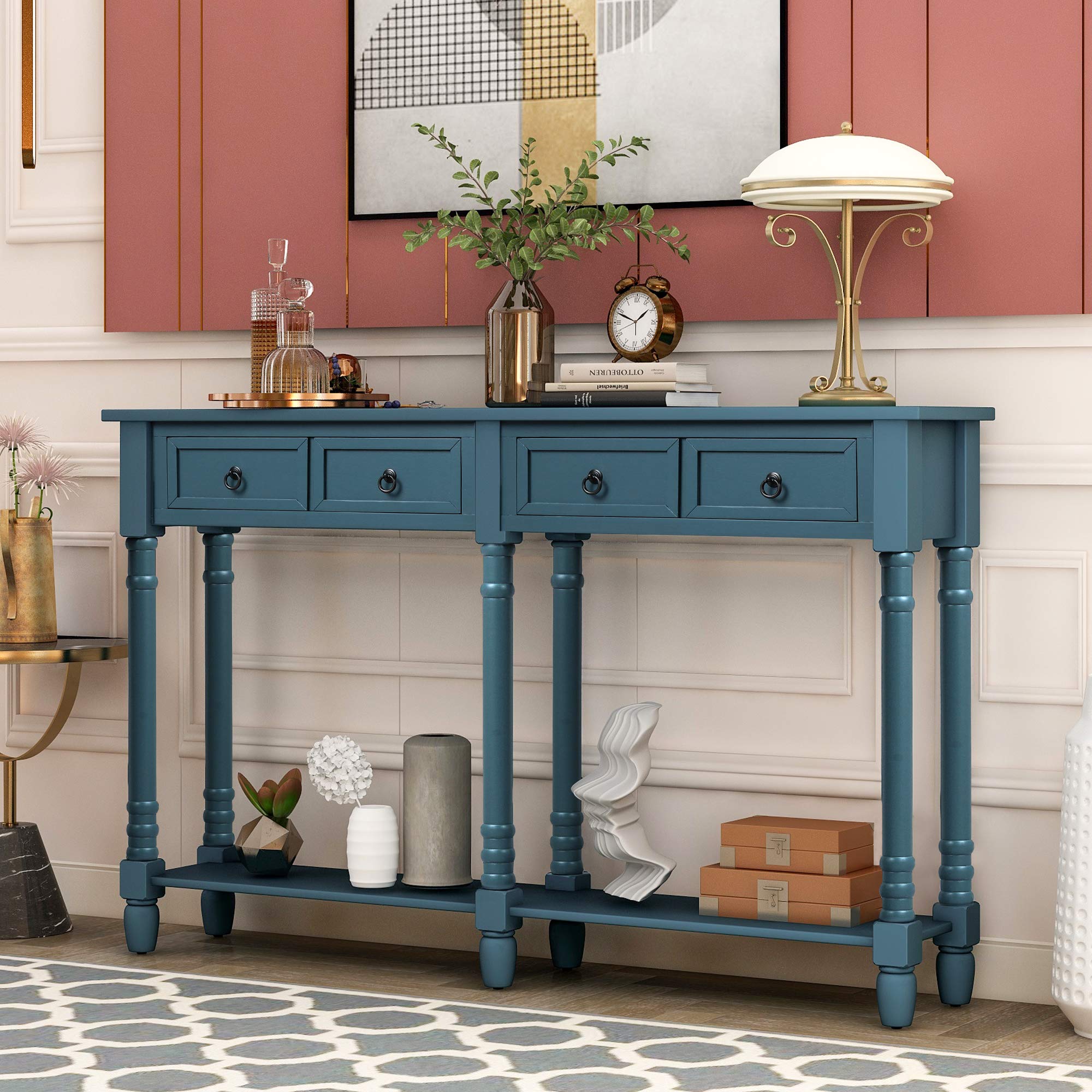 BOICHE Console Storage Sofa Table with 2 Drawers and Open Shelf for Entryway,Living Room,Hallway,Antique Navy