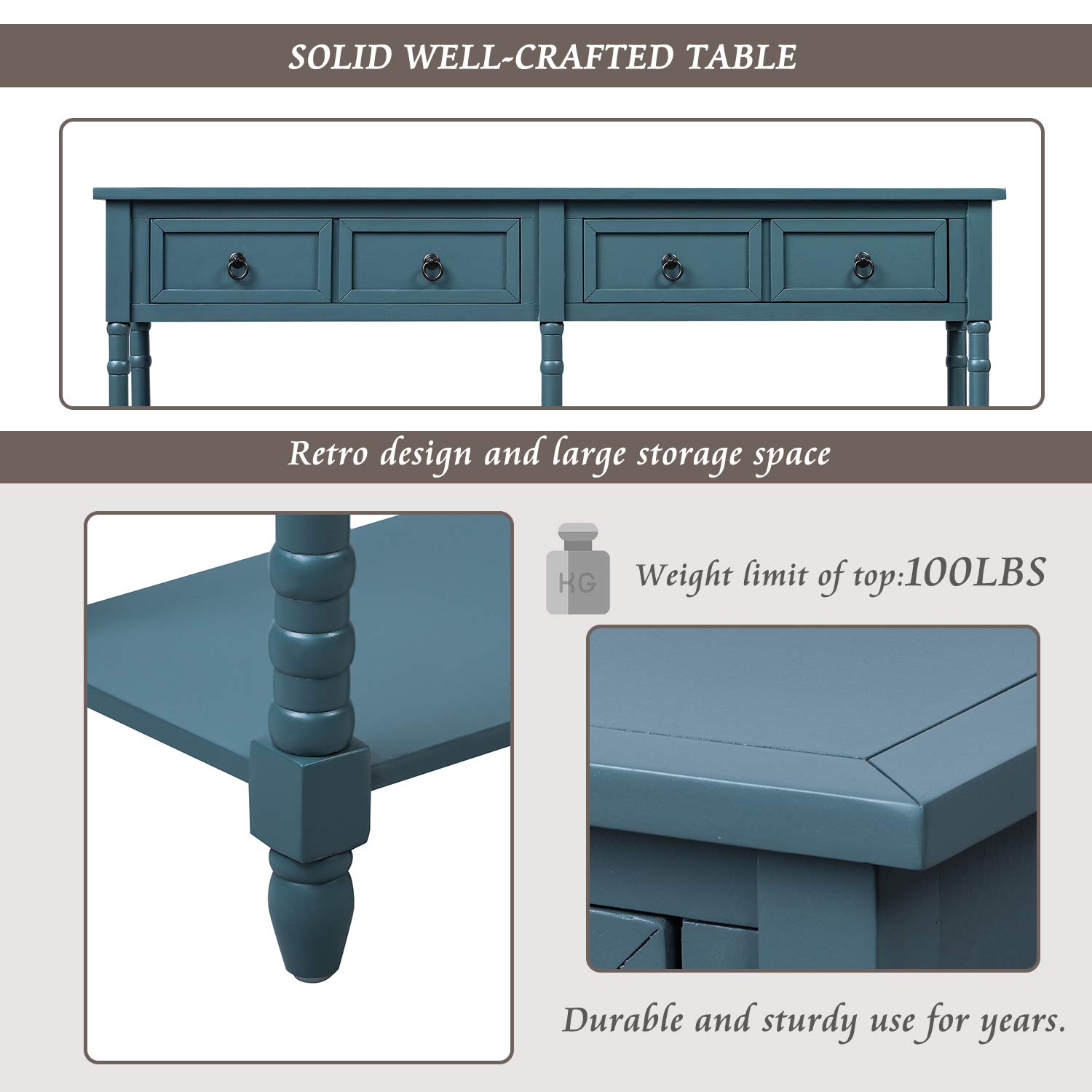BOICHE Console Storage Sofa Table with 2 Drawers and Open Shelf for Entryway,Living Room,Hallway,Antique Navy