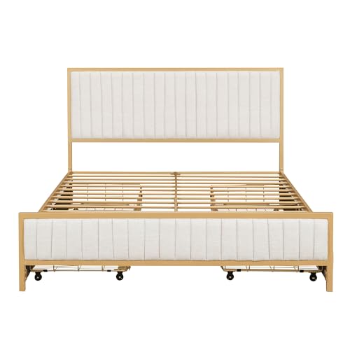HBRR Queen Size Upholstered Bed with 4 Storage Drawers, Metal Platform Bed Frame with Button Tufted Headboard, Heavy Duty Mattress Foundation, No Box Spring Needed, Beige
