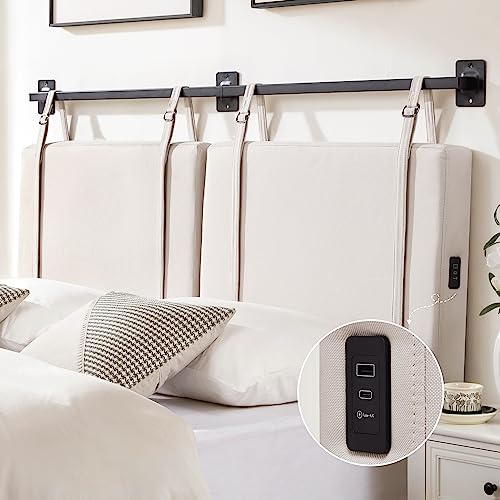 DIFUY Wall Mounted Queen Headboard with Type-C and USB Ports, Headboards for Queen Size Bed with Adjustable Fabric Straps, Hanging Upholstered Headboard for Bedroom(Beige, Queen)