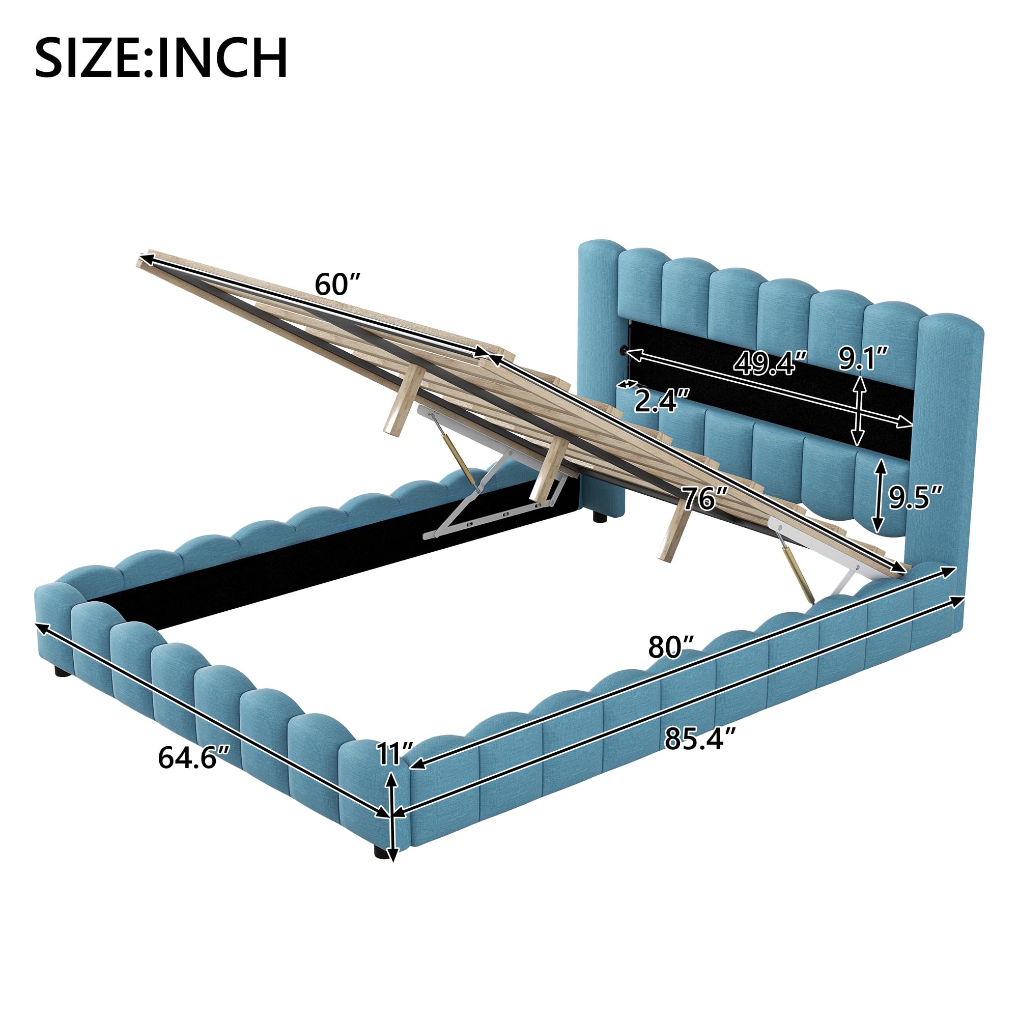 Voohek Queen Size Upholstered Platform Bed with Built-in LED Lighting, Inner Shelf Headboard and USB Charge Ports, Modern Bedframe w/Lift-Up Underneath Storage Space, Blue