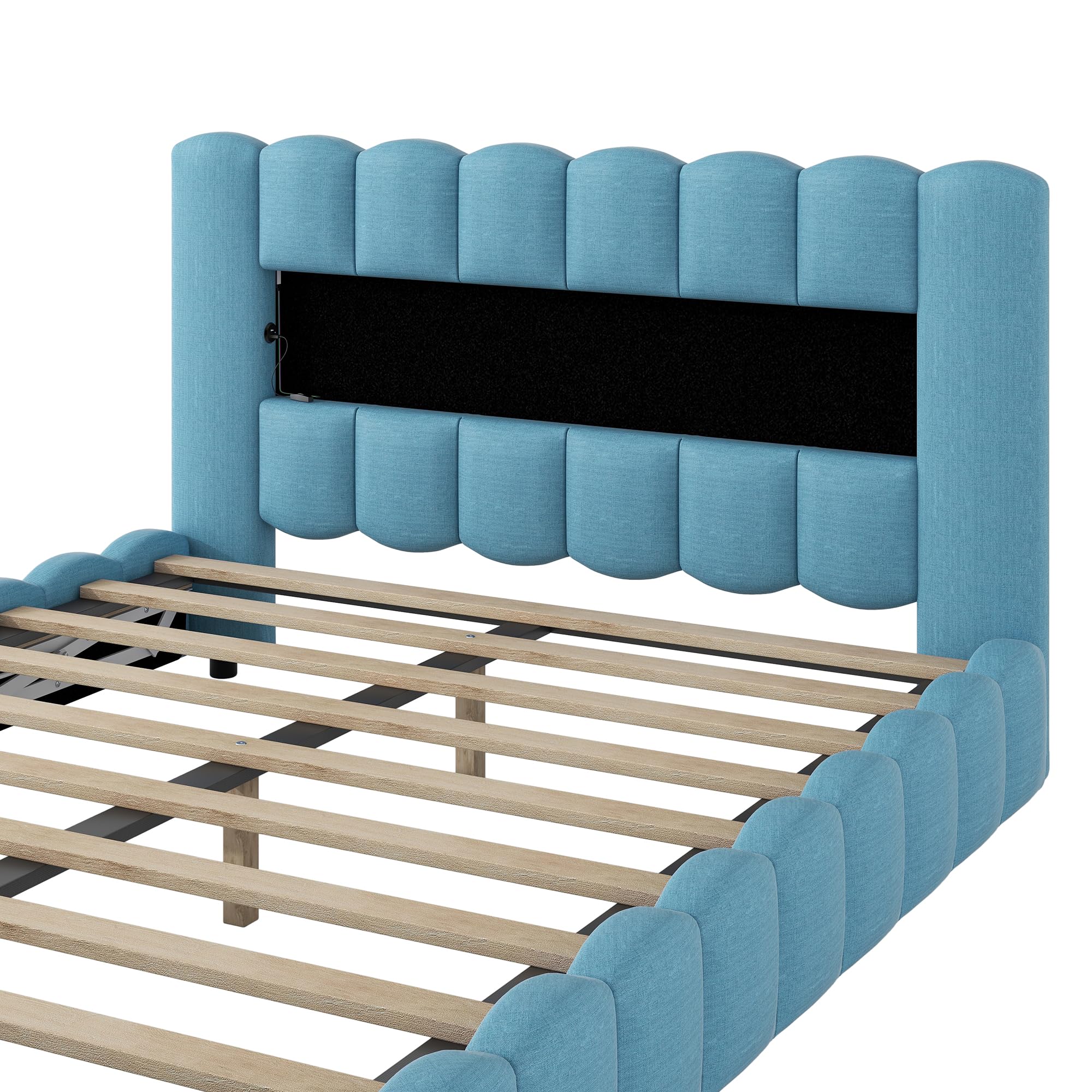 Voohek Queen Size Upholstered Platform Bed with Built-in LED Lighting, Inner Shelf Headboard and USB Charge Ports, Modern Bedframe w/Lift-Up Underneath Storage Space, Blue