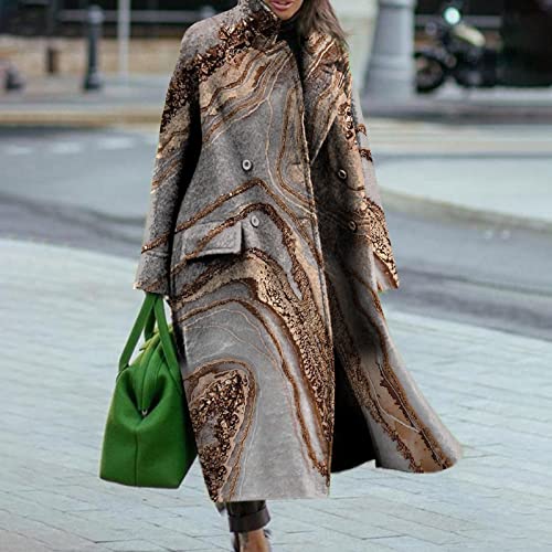 Winter Coat Women, Fashion Printed Pocket Long Sleeve Lapel Woolen Overcoat For Women Fall Coats Puffer Jackets, Womens Plus Size, Coats Made In Usa, Size Packable Jacket (XL, Coffee)