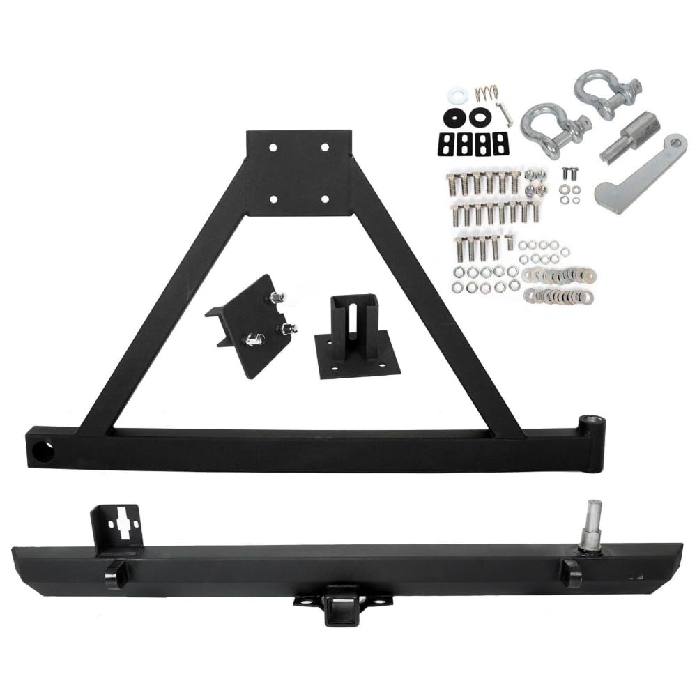 DTREEL Rear Bumper with Tire Carrier & D-Ring Fits YJ & TJ (Black, Iron Steel)