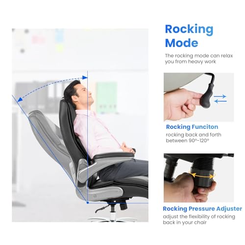 Big and Tall Office Chair 400lbs Ergonomic Computer Desk Chair with High Back, Adjustable Executive Office Chair with Flip-up Armrests, Pu Leather Swivel Task Chair for Home Office, Black