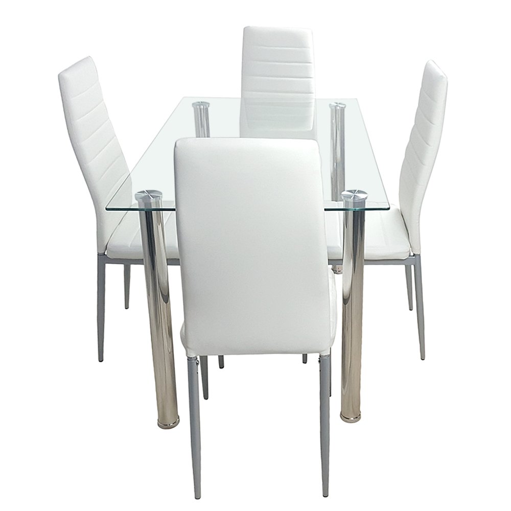 Cozybedin 4PCS Backrest Cushion Horizontal Sewing Decoration PU Leather Dining Chair Round Tube White Cushion Gray Leg