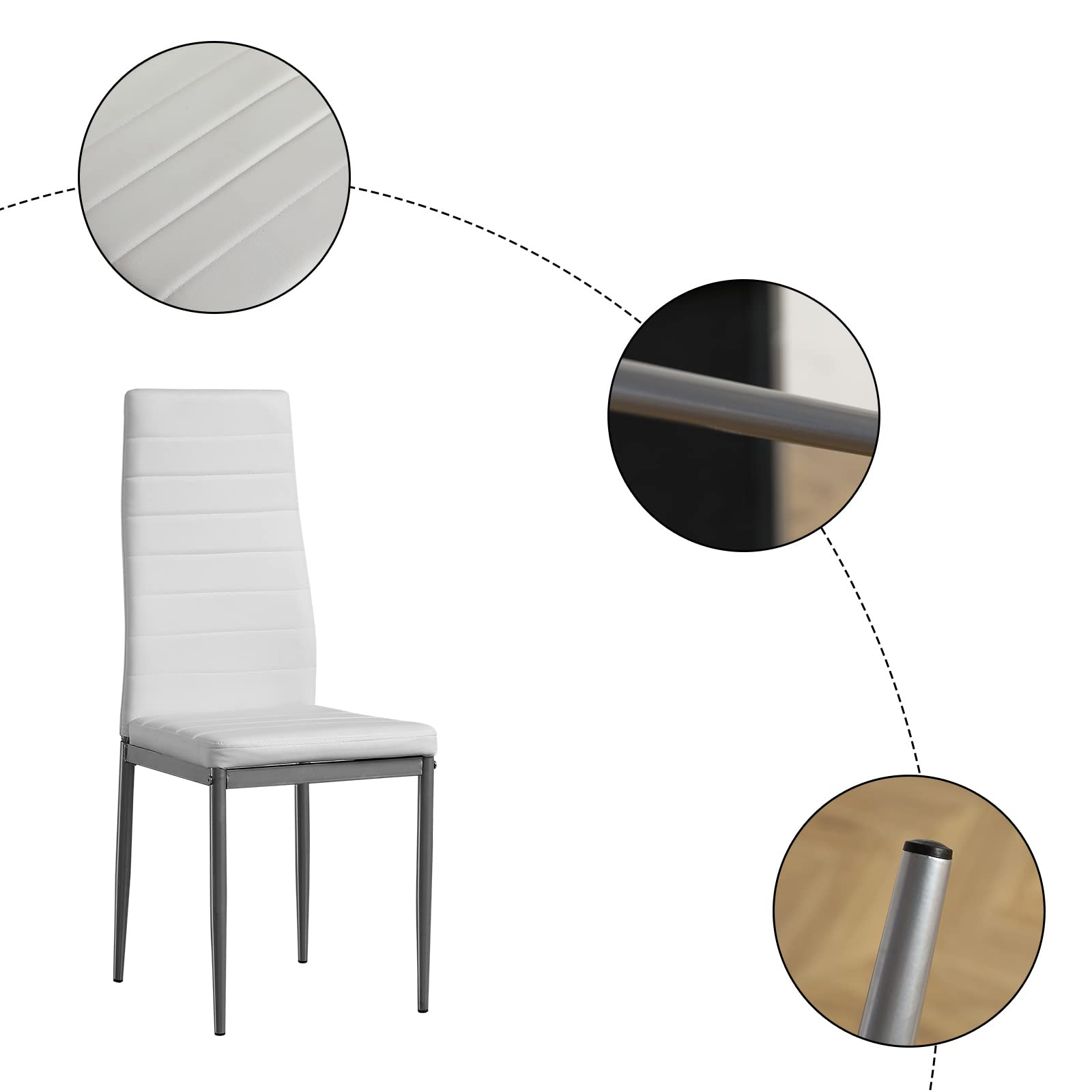 Cozybedin 4PCS Backrest Cushion Horizontal Sewing Decoration PU Leather Dining Chair Round Tube White Cushion Gray Leg