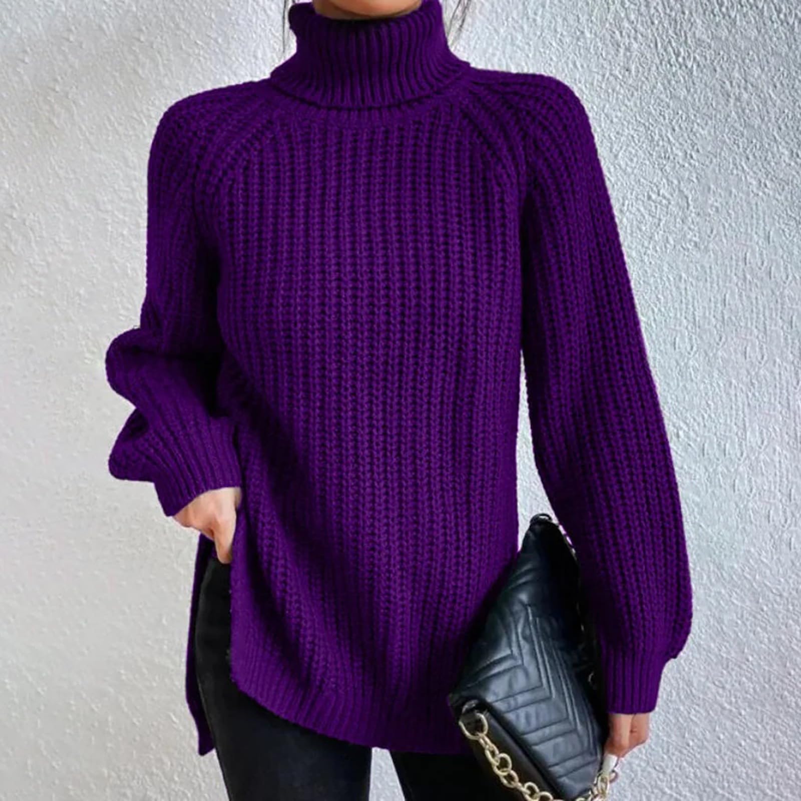 Oversized Sweaters for Women Loose Fit Long Sleeve Tops Dressy Casual Turtleneck Sweaters Pullover Womens Fall Fashion 2023 Trendy Chunky Knitted Plus Size Blouses Winter Clothes(4A-Dark Purple,Large)