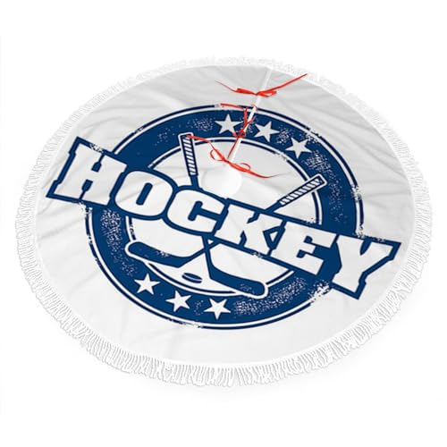 IJQRVJ Hockey Theme,Christmas Tree Skirt with Tassel Lace-up,Hockey Sticks and Stars in Circle,Christmas Tree Decoration Xmas Tree Mat for Holiday Party Indoor Decorations,Navy Blue,30in