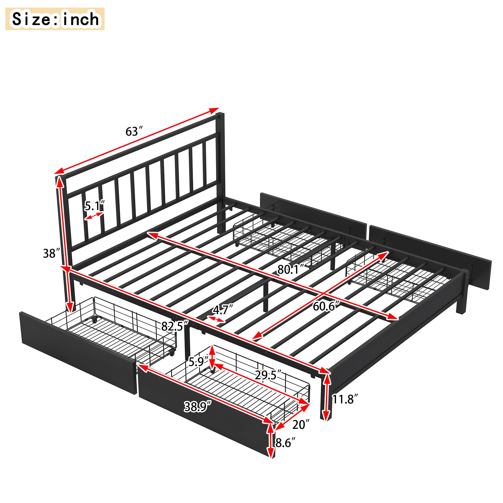 BIADNBZ Queen Size Storage Platform Bed with 4 Drawers,Sturdy Metal Low Bedframe with Headboard for Bedroom Guest Room,No Box Spring Needed, Black