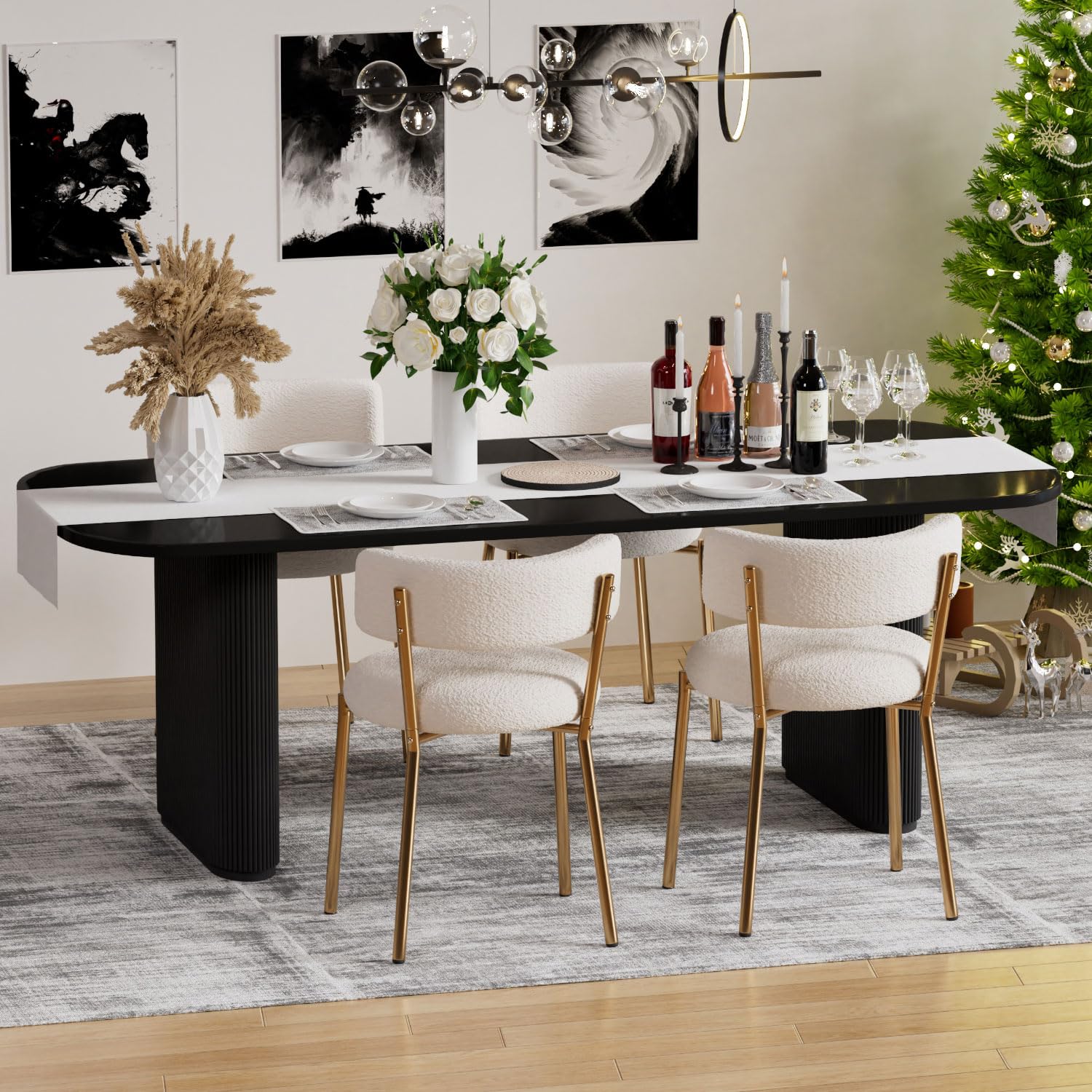HAIZAO Modern Dining Chairs Set of 4, Round Upholstered Boucle Sherpa Dining Chairs, Curved Backrest Kitchen Dining Room Chairs, Mid-Century White Dining Chair with Golden Metal Legs
