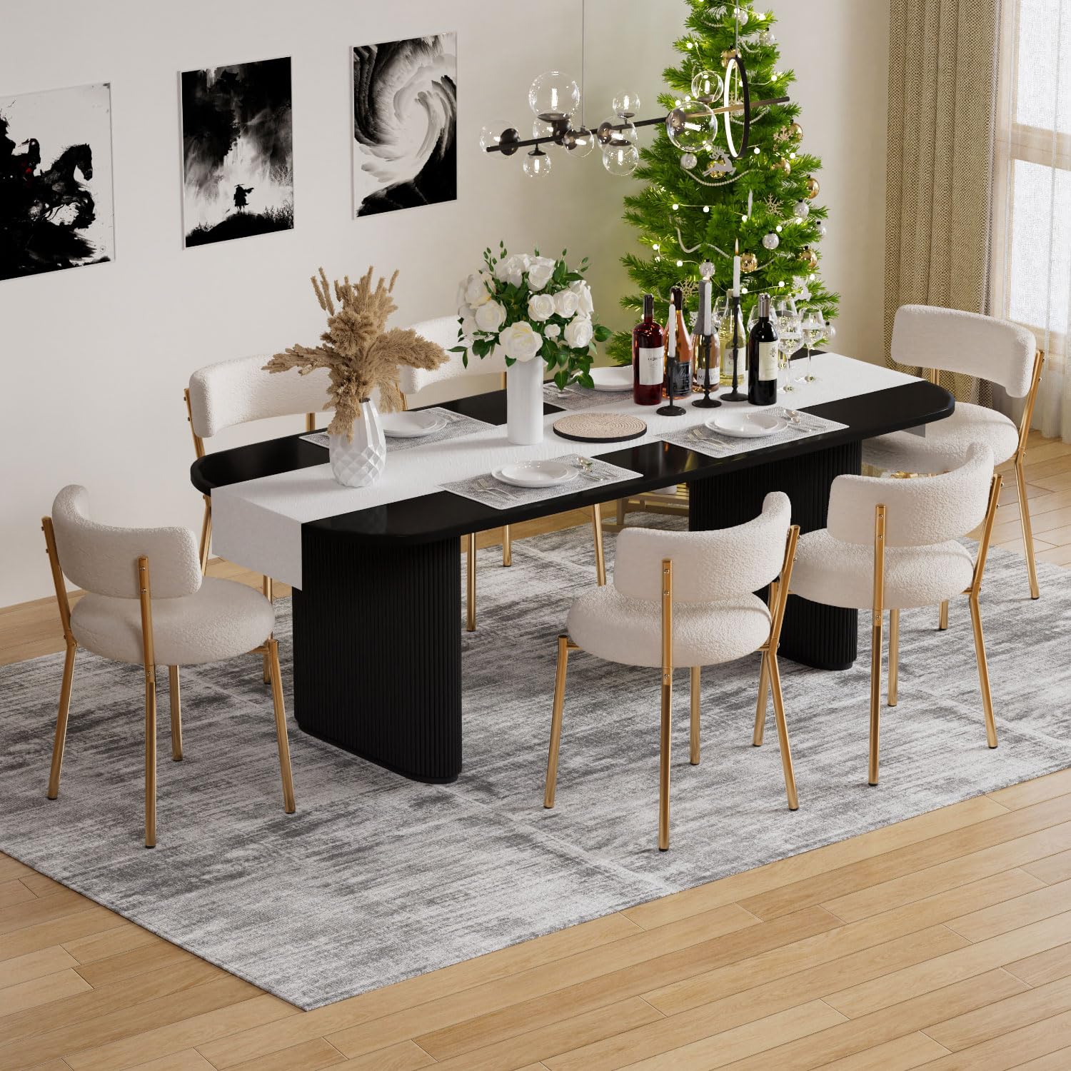 HAIZAO Modern Dining Chairs Set of 4, Round Upholstered Boucle Sherpa Dining Chairs, Curved Backrest Kitchen Dining Room Chairs, Mid-Century White Dining Chair with Golden Metal Legs