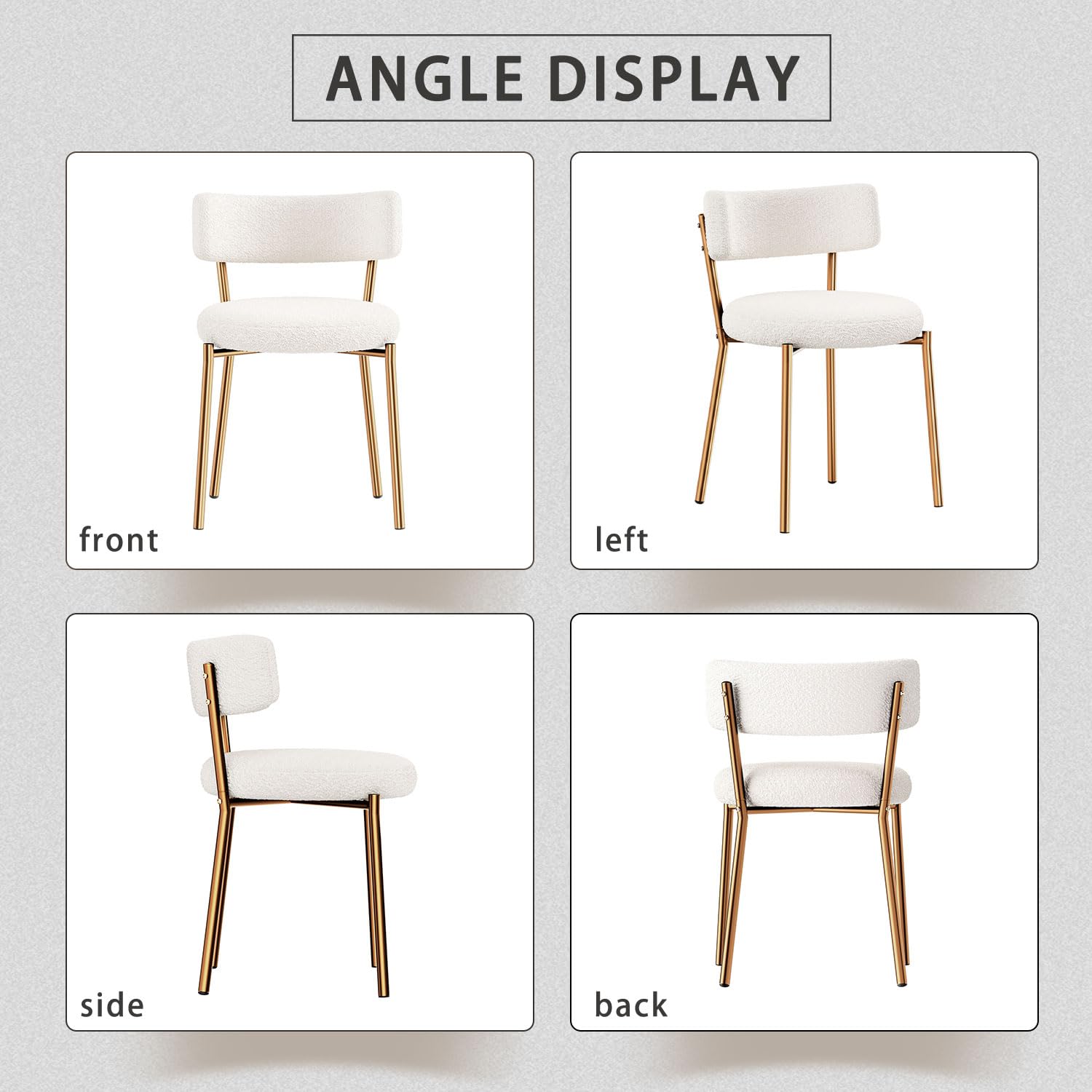 HAIZAO Modern Dining Chairs Set of 4, Round Upholstered Boucle Sherpa Dining Chairs, Curved Backrest Kitchen Dining Room Chairs, Mid-Century White Dining Chair with Golden Metal Legs