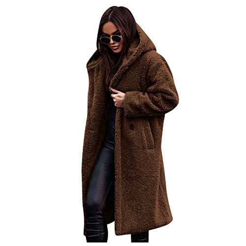 Winter Coats, Women's Long Autumn And Solid Color-Sleeved Woolen Peacoat Fur For Women Faux Womans Coat Jackets Puffer With Hood Insulated Snow Black Jacket Coat Jackets (XL, Coffee)