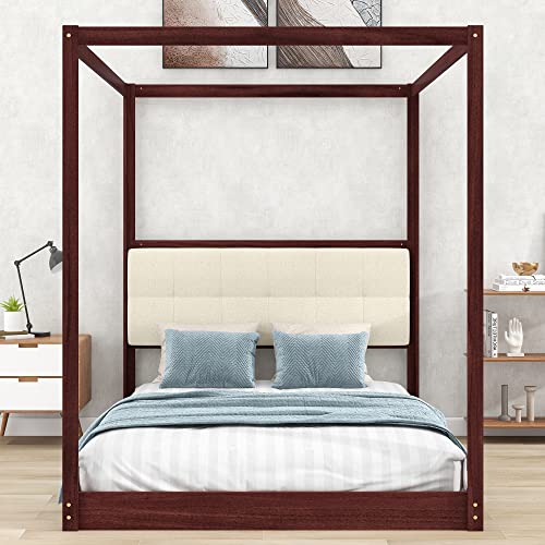 HAUSHECK Queen Size Canopy Bed with Upholstered Headboard, Four-Poster Queen Canopy Platform Bed Frame, Wood Floor Bed Frame with Sturdy Wooden Slatted Structure, No Box Spring Needed, Easy Assembly