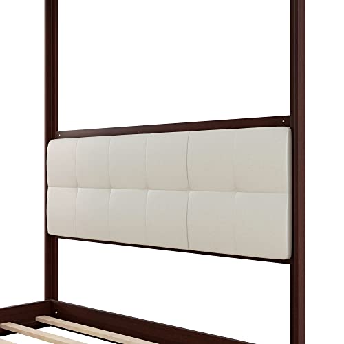 HAUSHECK Queen Size Canopy Bed with Upholstered Headboard, Four-Poster Queen Canopy Platform Bed Frame, Wood Floor Bed Frame with Sturdy Wooden Slatted Structure, No Box Spring Needed, Easy Assembly