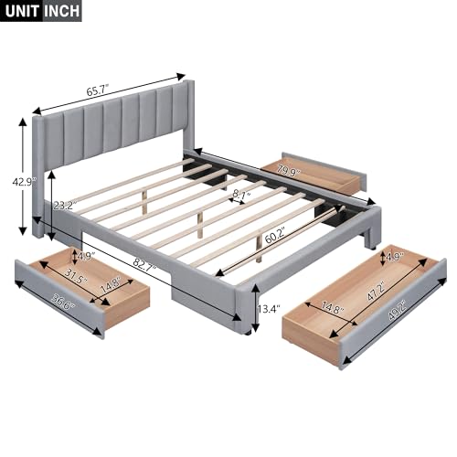 HAUSHECK Queen Upholstered Size with 3 Storage Drawer and Classic Wingback Headboard, Modern Platform Frame w/Wooden Slats Support Mattress Foundation, Bed No Box Spring Needed, Gray
