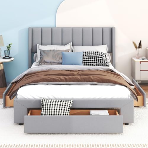 HAUSHECK Queen Upholstered Size with 3 Storage Drawer and Classic Wingback Headboard, Modern Platform Frame w/Wooden Slats Support Mattress Foundation, Bed No Box Spring Needed, Gray