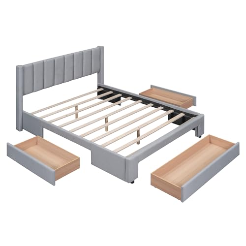 HAUSHECK Queen Upholstered Size with 3 Storage Drawer and Classic Wingback Headboard, Modern Platform Frame w/Wooden Slats Support Mattress Foundation, Bed No Box Spring Needed, Gray
