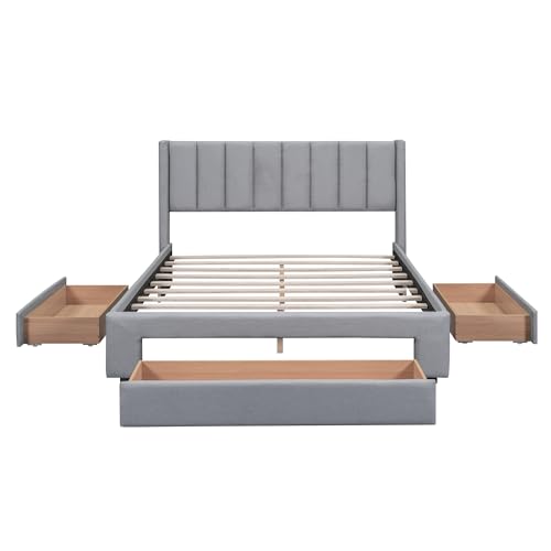 HAUSHECK Queen Upholstered Size with 3 Storage Drawer and Classic Wingback Headboard, Modern Platform Frame w/Wooden Slats Support Mattress Foundation, Bed No Box Spring Needed, Gray