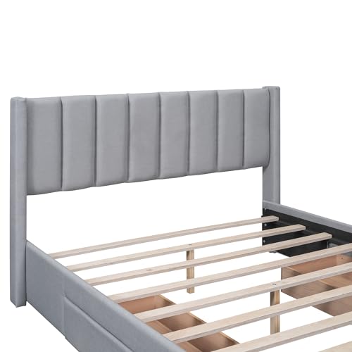HAUSHECK Queen Upholstered Size with 3 Storage Drawer and Classic Wingback Headboard, Modern Platform Frame w/Wooden Slats Support Mattress Foundation, Bed No Box Spring Needed, Gray