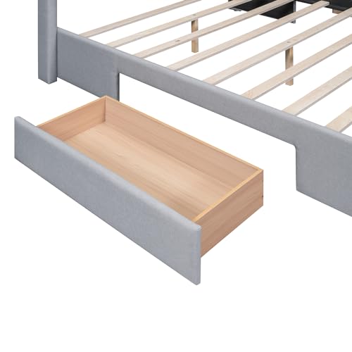 HAUSHECK Queen Upholstered Size with 3 Storage Drawer and Classic Wingback Headboard, Modern Platform Frame w/Wooden Slats Support Mattress Foundation, Bed No Box Spring Needed, Gray