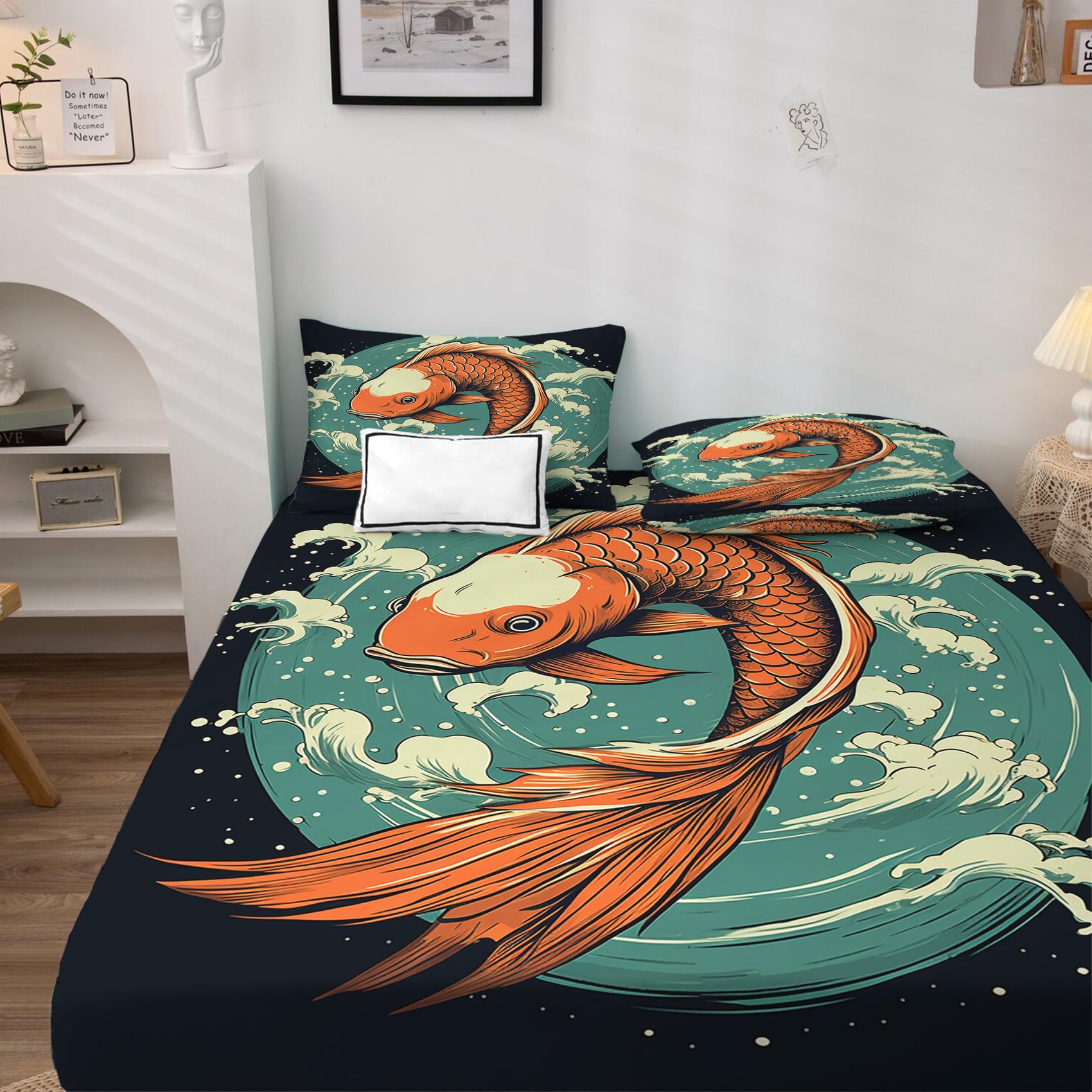 THYUNQ Koi Fish Sheets Full Size Bed, Japanese Pattern Bedding Sheets & Pillowcases - 16 Inch Deep Pocket, Super Soft Microfiber Printed Sheet Set 4 Piece