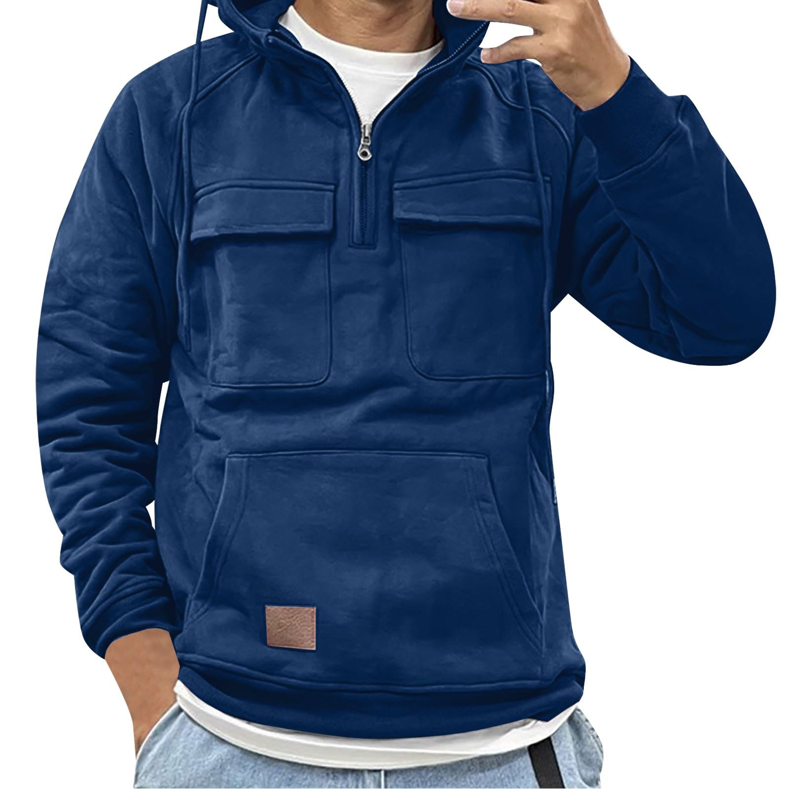 PARREN Men's Tactical Sweatshirt Casual Western Cargo Pullover Workout Hoodie Lightweight Gym Athletic Sweatshirt Blue