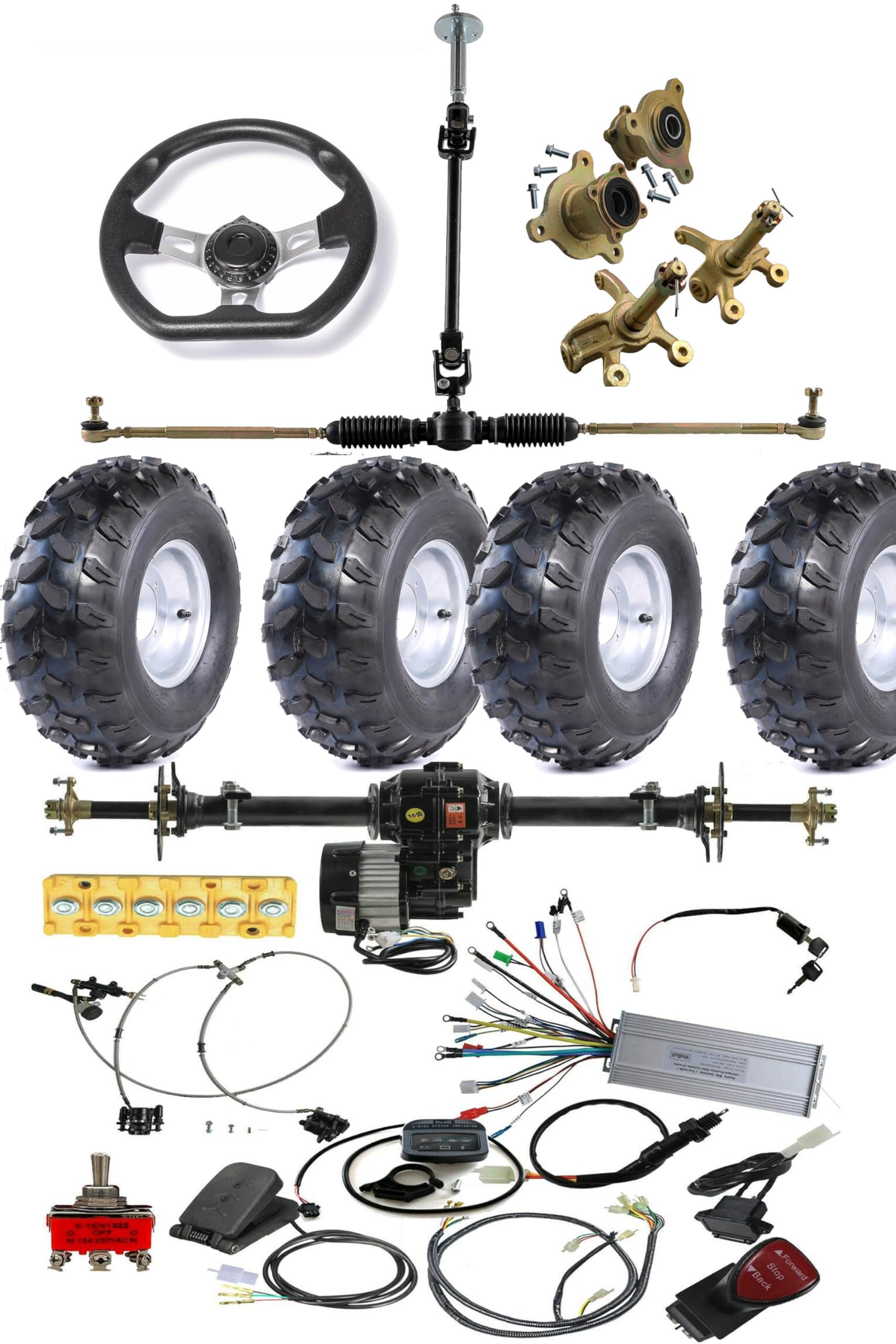 YC Yier 40" Go Kart Rear Axle Kit & 48V 1000W Electric Brushless Motor Controller Differential &19x7-8" Wheels Tires + Front Steering Shaft for ATV Quad Buggy 4 Wheelers Dolly Cart Trike Tricycle
