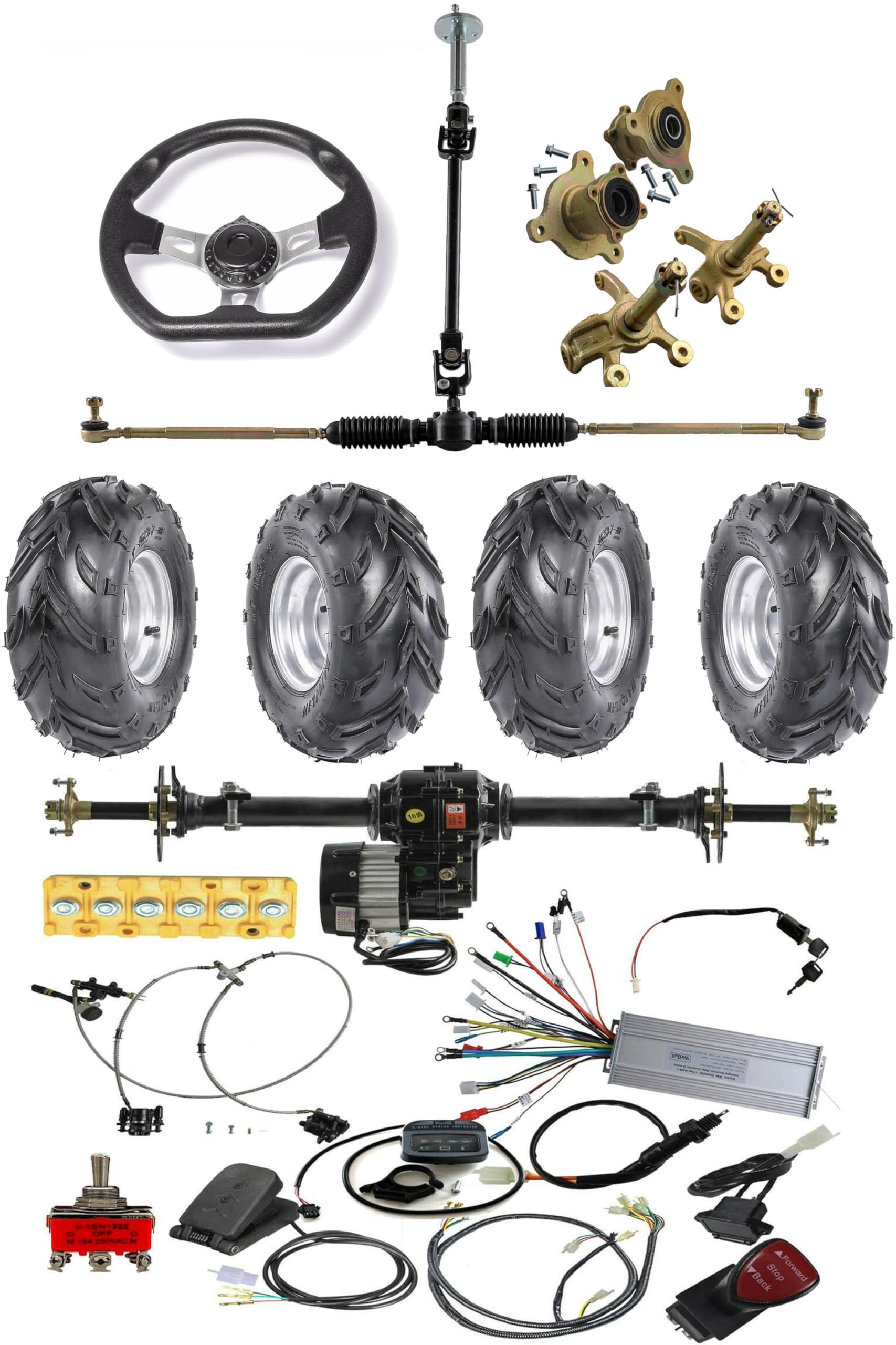 YC Yier 34" Go Kart Rear Axle Kit & 48V 1000W Electric Brushless Motor Controller Differential & 16x8-7" Wheels Tires + Front Steering Shaft for ATV Quad Buggy 4 Wheelers Dolly Cart Trike Tricycle