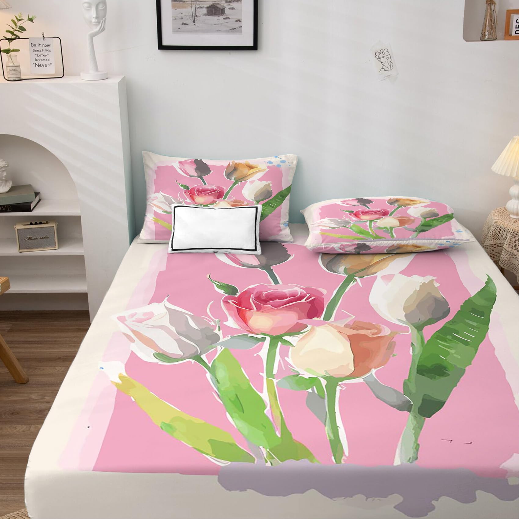 zcsm Tulip Sheets Full Size Sheet Sets - Floral Bed Sheets, Soft Microfiber & Deep Pocket & Wrinkle Free Patterned Bedding Sheets & Pillowcases, 4 Piece (1 Fitted Sheet, 1 Flat Sheet, 2 Pillow Cases)