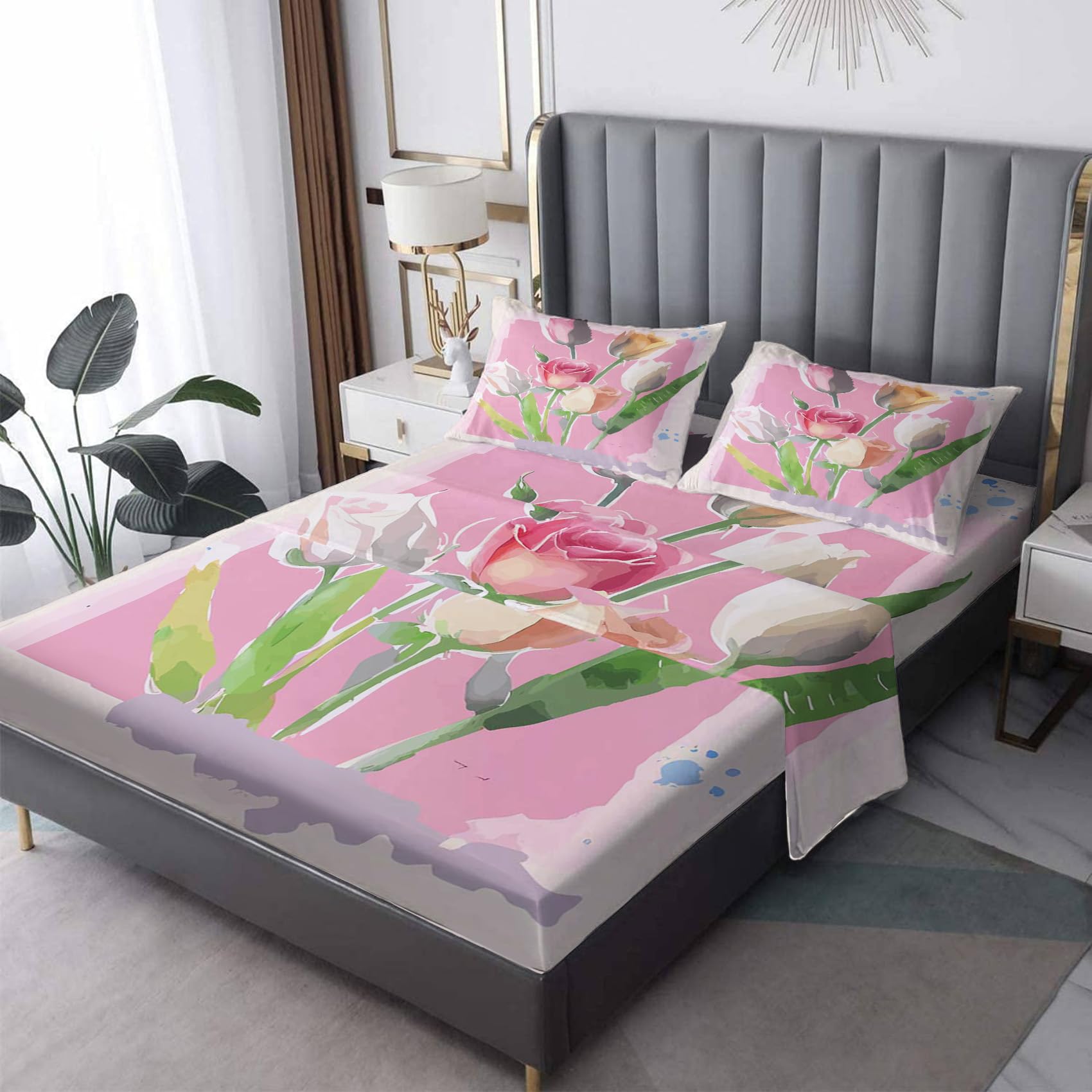 zcsm Tulip Sheets Full Size Sheet Sets - Floral Bed Sheets, Soft Microfiber & Deep Pocket & Wrinkle Free Patterned Bedding Sheets & Pillowcases, 4 Piece (1 Fitted Sheet, 1 Flat Sheet, 2 Pillow Cases)