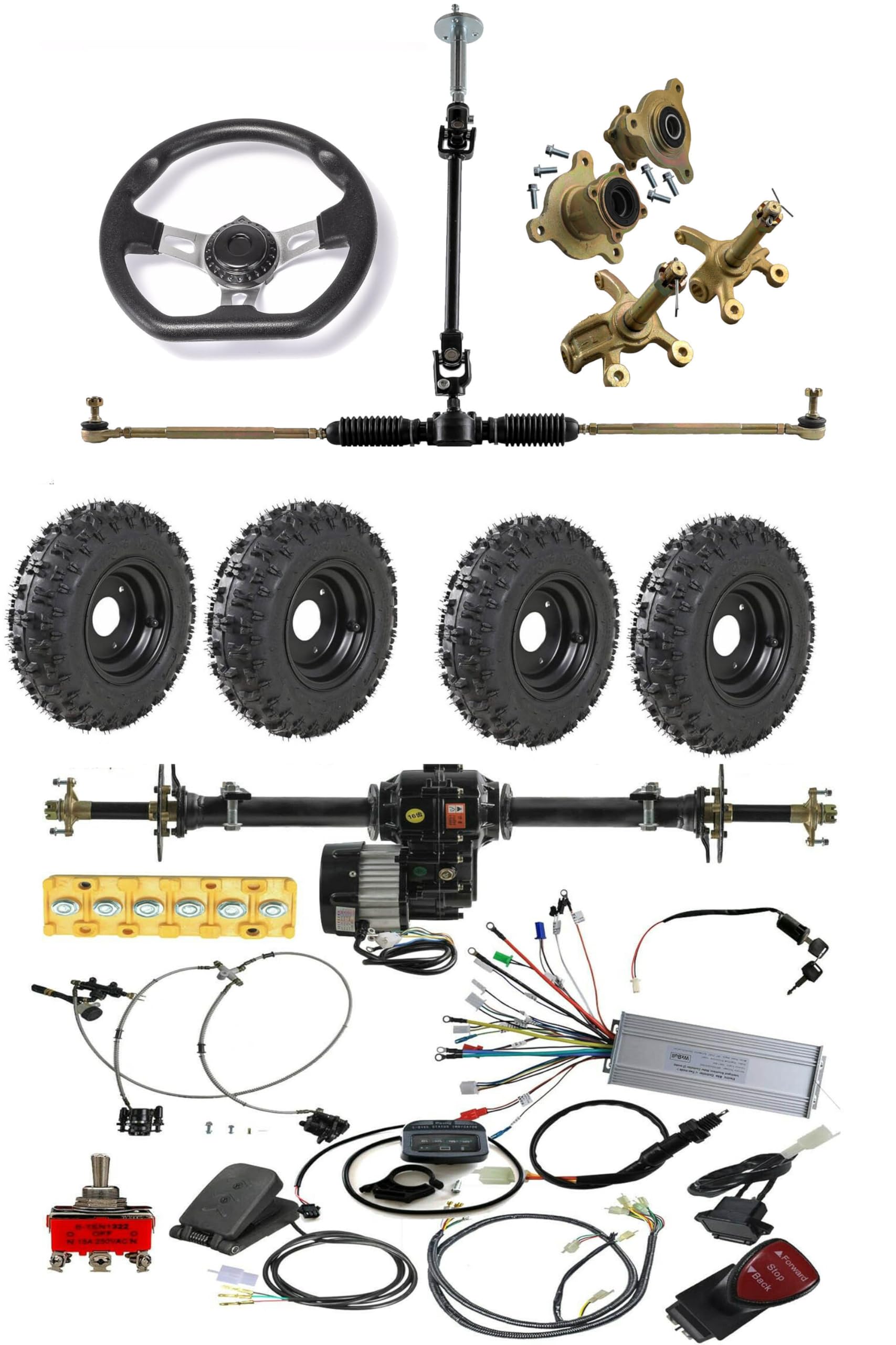 YC Yier 30" Go Kart Rear Axle Kit & 48V 1000W Electric Brushless Motor Controller Differential &4.10-6" Wheels Tires + Front Steering Shaft for ATV Quad Buggy 4 Wheelers Dolly Cart Trike Tricycle