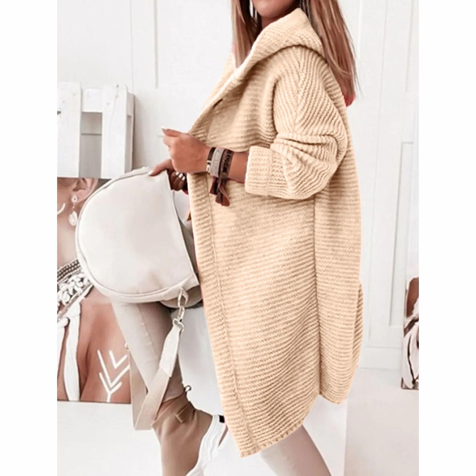 Jackets For Women 2023, Winter Fall Jacket Women'S Hooded Knitted Cardigan Solid Color Long Sweater Coat Thickened Warm Plus Size Coats Cute Jackets Fur Hood Coat Jackets (XL, Beige)