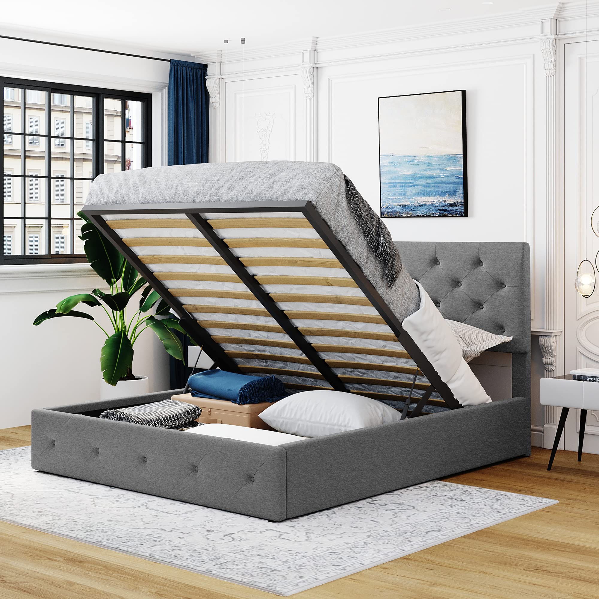 FANYHOME Queen Size Upholstered Platform Bed Frame with Storage, Queen Bed Frame with Gas Lift Up Storage, Wooden Queen Storage Bed with Tufted Headboard and Hydraulic Storage System,Grey
