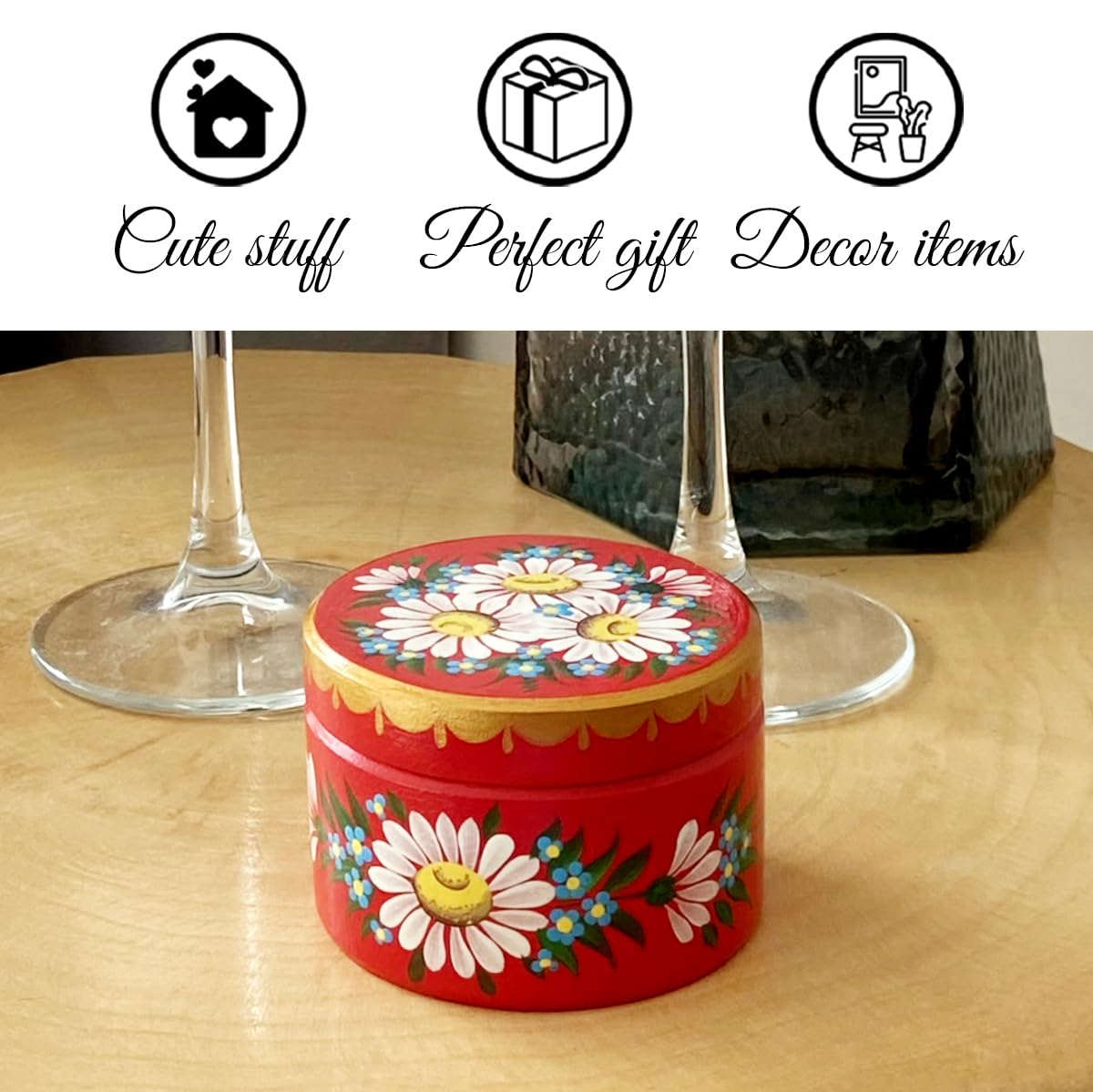 AEVVV Red Round Wooden Trinket Box with Lid for Jewelry - Decorative Wooden Box with Hand Painted Slavic Floral Design - Lacquer Engagement Ring Box Flowers