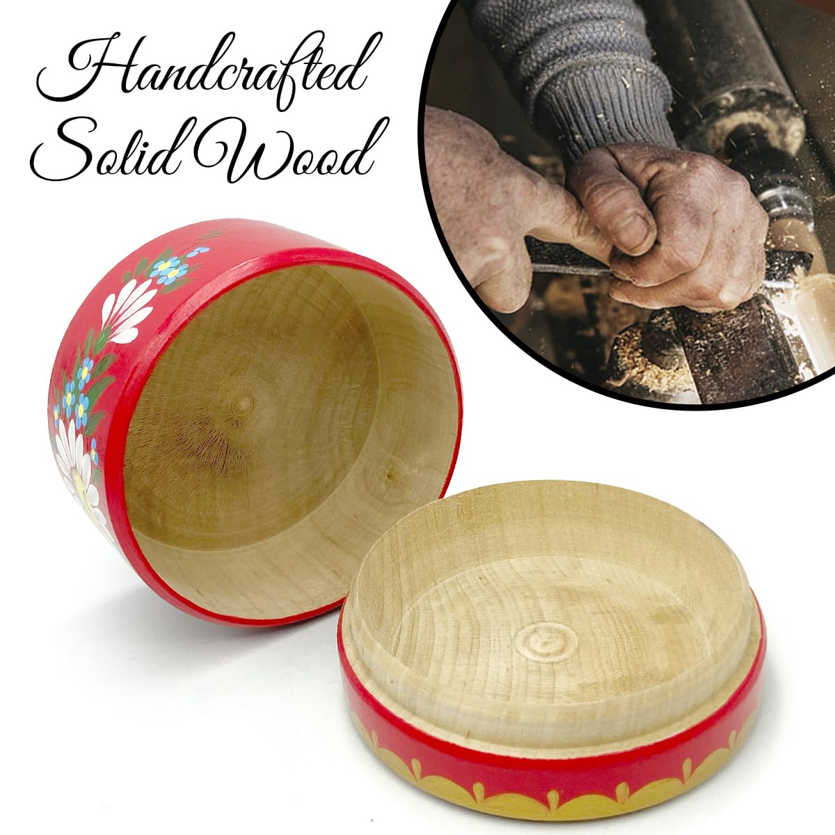 AEVVV Red Round Wooden Trinket Box with Lid for Jewelry - Decorative Wooden Box with Hand Painted Slavic Floral Design - Lacquer Engagement Ring Box Flowers