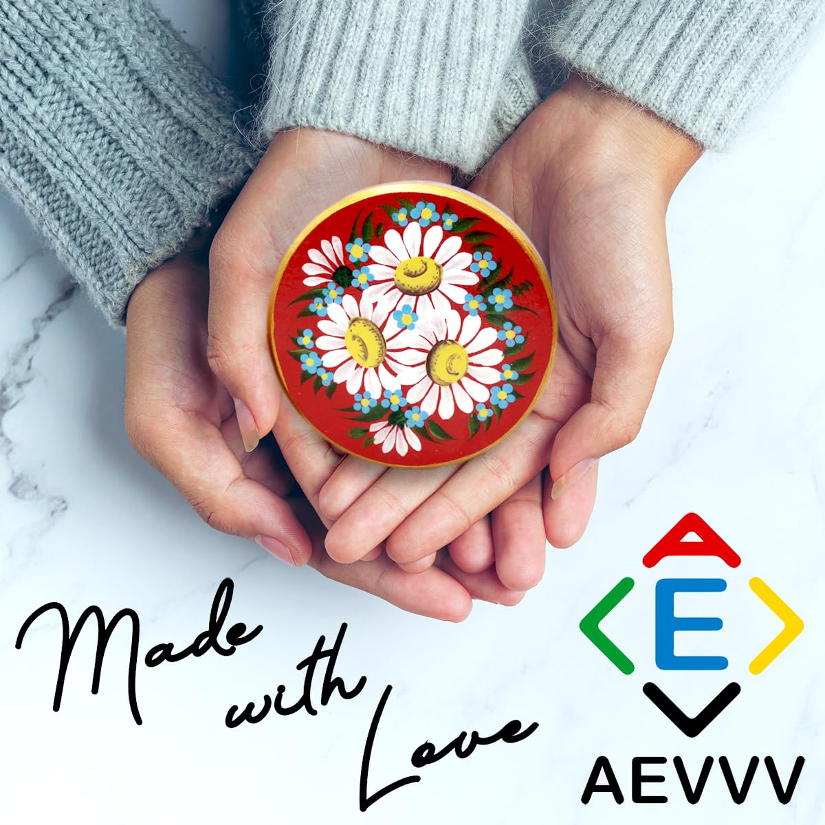 AEVVV Red Round Wooden Trinket Box with Lid for Jewelry - Decorative Wooden Box with Hand Painted Slavic Floral Design - Lacquer Engagement Ring Box Flowers